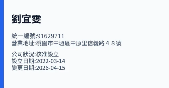 劉宜雯的照片-統編 91629711(桃園市) 公司登記資料與營業項目詳細圖表