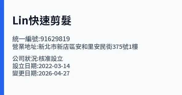 Lin快速剪髮的照片-統編 91629819(新北市) 公司登記資料與營業項目詳細圖表