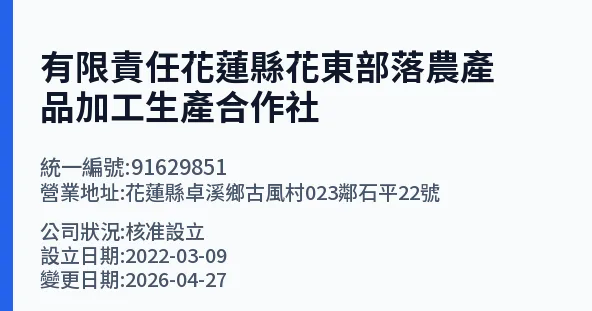 有限責任花蓮縣花東部落農產品加工生產合作社的照片-統編 91629851(花蓮縣) 公司登記資料與營業項目詳細圖表