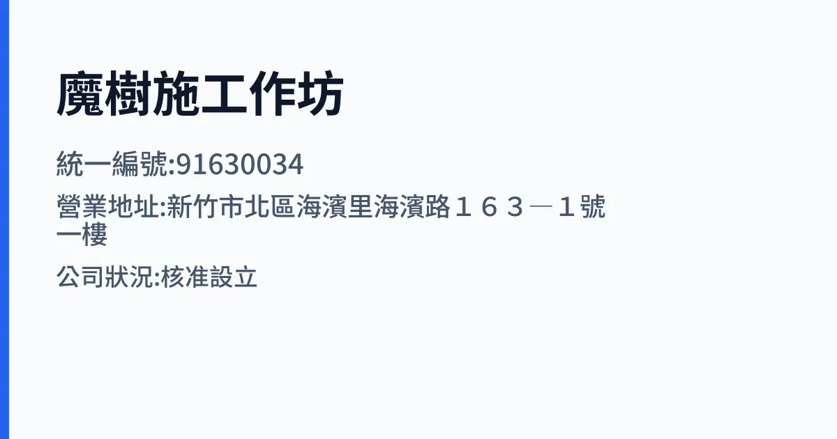 魔樹施工作坊 - 統編 91630034(新竹市) 公司登記資料與營業項目詳細圖表