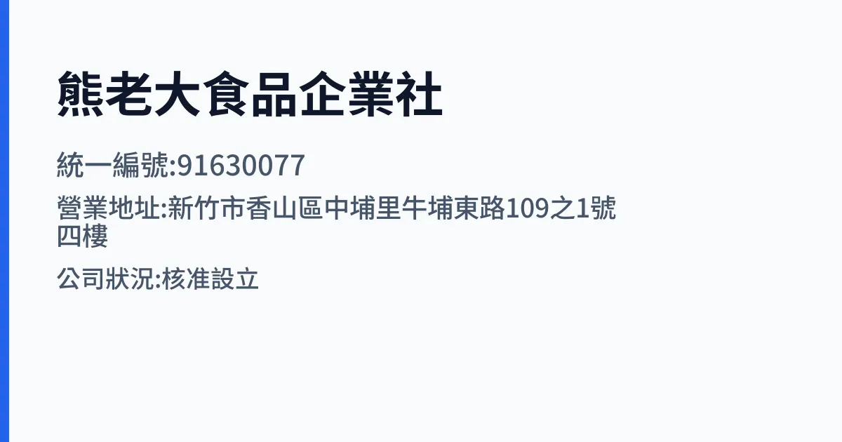 熊老大食品企業社 - 統編 91630077(新北市) 公司登記資料與營業項目詳細圖表