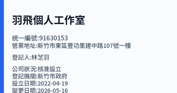 羽飛個人工作室的照片-統編 91630153(新竹市) 公司登記資料與營業項目詳細圖表