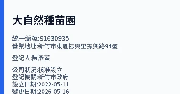 大自然種苗園的照片-統編 91630935(新竹市) 公司登記資料與營業項目詳細圖表