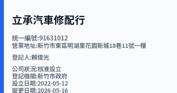 立承汽車修配行的照片-統編 91631012(新竹市) 公司登記資料與營業項目詳細圖表
