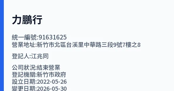 力鵬行的照片-統編 91631625(新竹市) 公司登記資料與營業項目詳細圖表