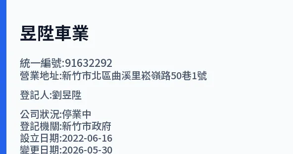 昱陞車業的照片-統編 91632292(新竹市) 公司登記資料與營業項目詳細圖表