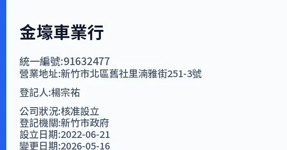 金壕車業行的照片-統編 91632477(新竹市) 公司登記資料與營業項目詳細圖表