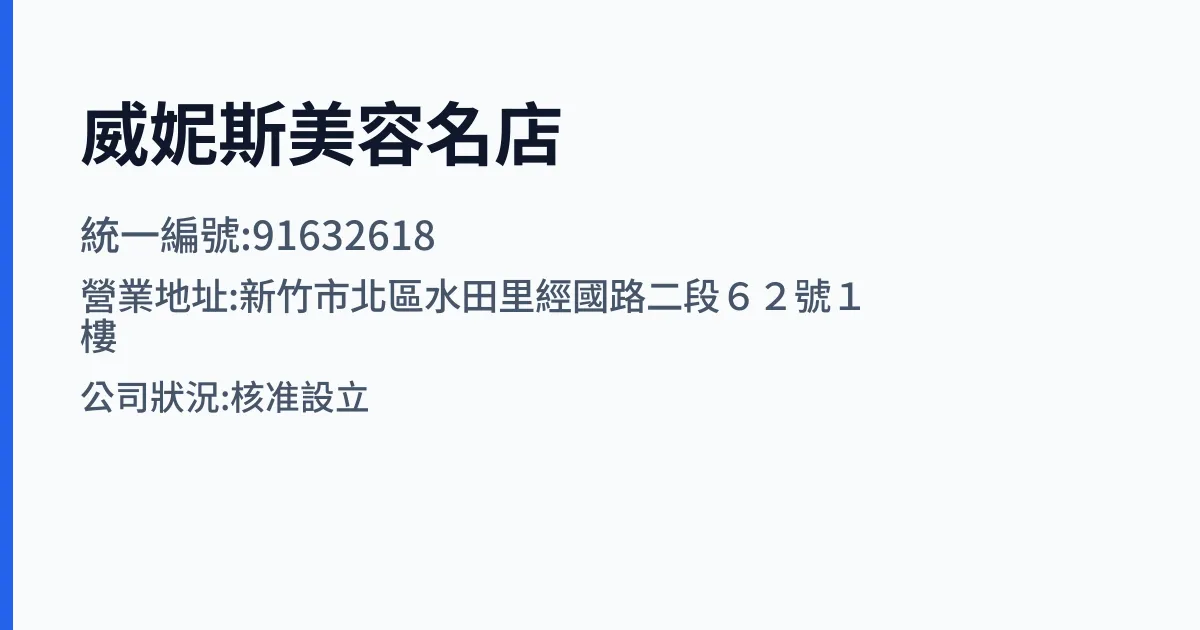 威妮斯美容名店 - 統編 91632618(新竹市) 公司登記資料與營業項目詳細圖表