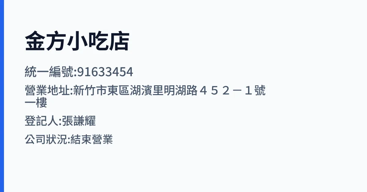金方小吃店 - 統編 91633454(新竹市) 公司登記資料與營業項目詳細圖表