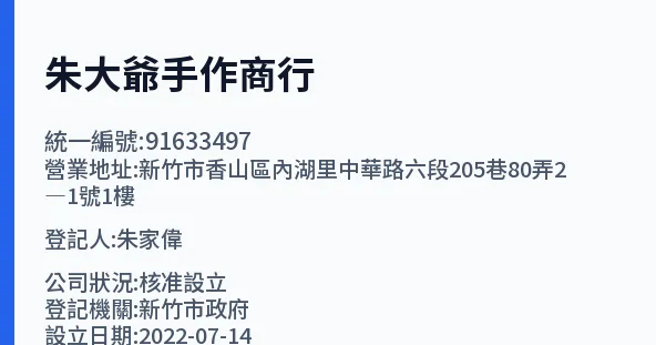 朱大爺手作商行的照片-統編 91633497(新竹市) 公司登記資料與營業項目詳細圖表