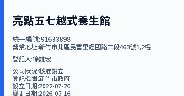 亮點五七越式養生館的照片-統編 91633898(新竹市) 公司登記資料與營業項目詳細圖表