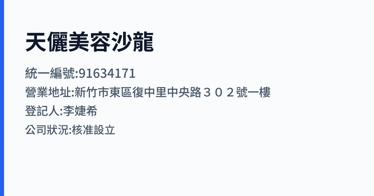 天儷美容沙龍 - 統編 91634171(新竹市) 公司登記資料與營業項目詳細圖表