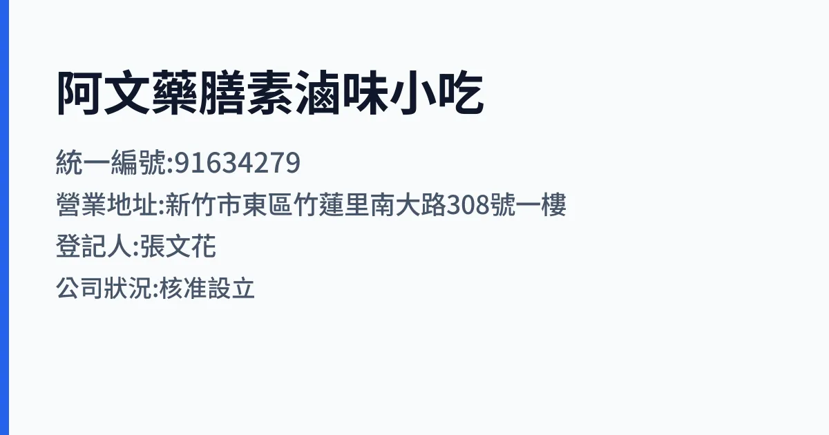 阿文藥膳素滷味小吃 - 統編 91634279（新竹市） 公司登記資料與營業項目詳細圖表