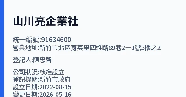 山川亮企業社的照片-統編 91634600(新竹市) 公司登記資料與營業項目詳細圖表