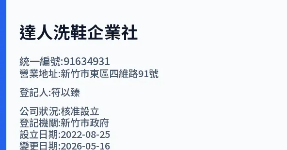 達人洗鞋企業社的照片-統編 91634931(新竹市) 公司登記資料與營業項目詳細圖表
