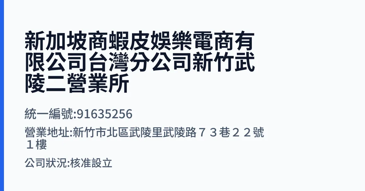 新加坡商蝦皮娛樂電商有限公司台灣分公司新竹武陵二營業所 - 統編 91635256（新竹市） 公司登記資料與營業項目詳細圖表