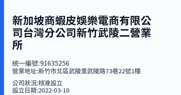 新加坡商蝦皮娛樂電商有限公司台灣分公司新竹武陵二營業所的照片-統編 91635256(新竹市) 公司登記資料與營業項目詳細圖表