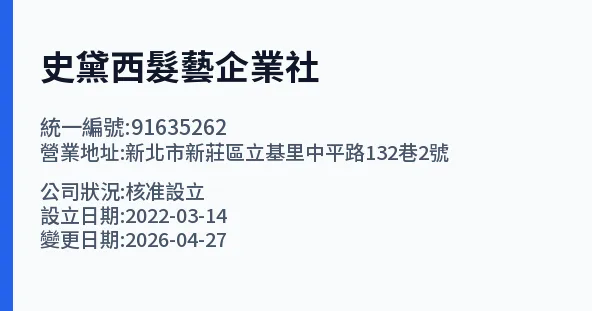 史黛西髮藝企業社的照片-統編 91635262(新北市) 公司登記資料與營業項目詳細圖表
