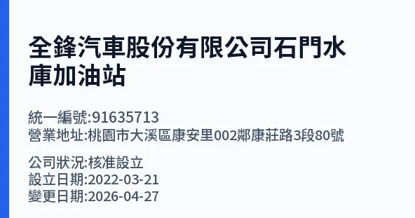全鋒汽車股份有限公司石門水庫加油站的照片-統編 91635713(桃園市) 公司登記資料與營業項目詳細圖表