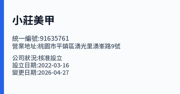 小莊美甲的照片-統編 91635761(桃園市) 公司登記資料與營業項目詳細圖表