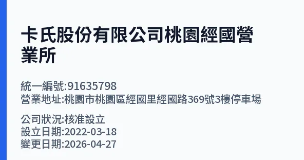 卡氏股份有限公司桃園經國營業所的照片-統編 91635798(桃園市) 公司登記資料與營業項目詳細圖表