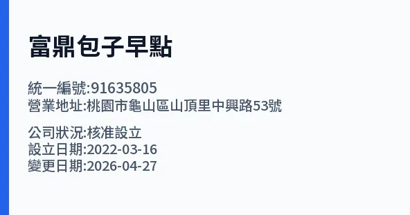富鼎包子早點的照片-統編 91635805(桃園市) 公司登記資料與營業項目詳細圖表