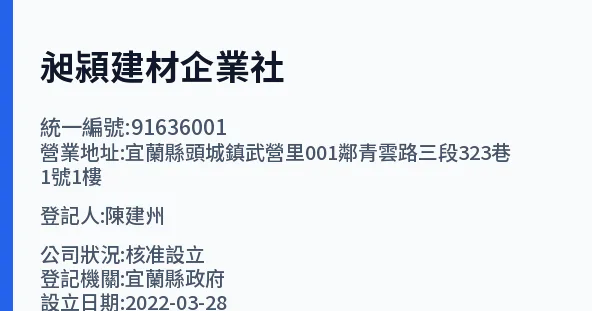 昶潁建材企業社的照片-統編 91636001(宜蘭縣) 公司登記資料與營業項目詳細圖表