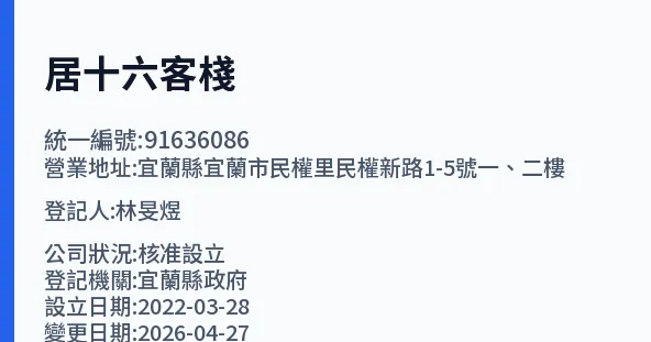 居十六客棧的照片-統編 91636086(宜蘭縣) 公司登記資料與營業項目詳細圖表