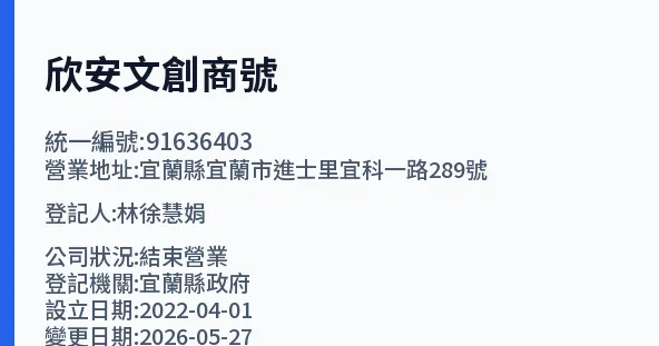 欣安文創商號的照片-統編 91636403(宜蘭縣) 公司登記資料與營業項目詳細圖表