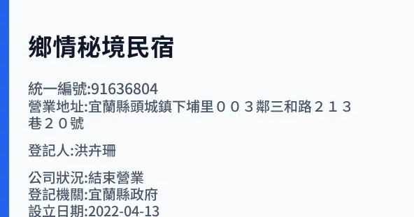 鄉情秘境民宿的照片-統編 91636804(宜蘭縣) 公司登記資料與營業項目詳細圖表