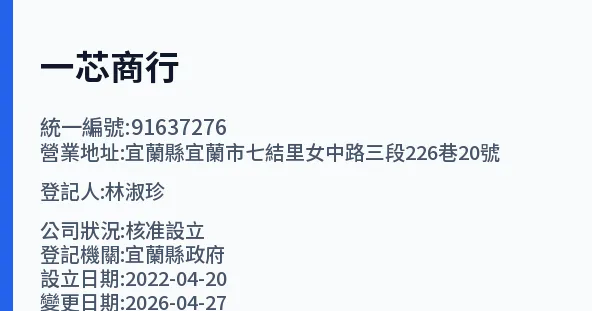 一芯商行的照片-統編 91637276(宜蘭縣) 公司登記資料與營業項目詳細圖表