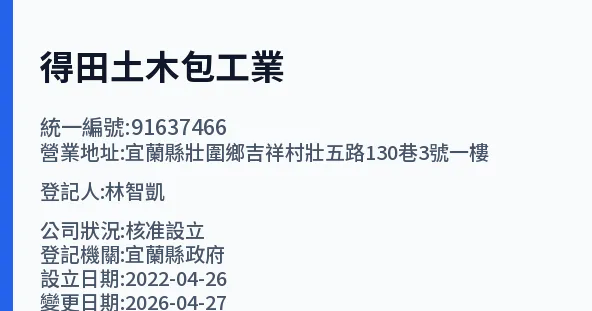 得田土木包工業的照片-統編 91637466(宜蘭縣) 公司登記資料與營業項目詳細圖表
