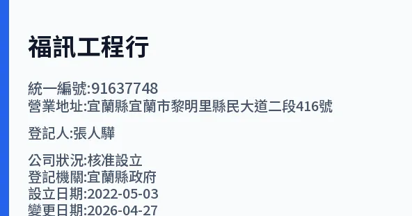福訊工程行的照片-統編 91637748(宜蘭縣) 公司登記資料與營業項目詳細圖表