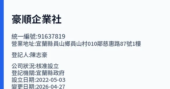 豪順企業社的照片-統編 91637819(宜蘭縣) 公司登記資料與營業項目詳細圖表