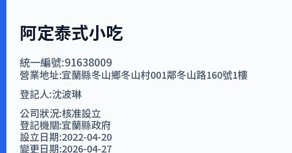 阿定泰式小吃的照片-統編 91638009(宜蘭縣) 公司登記資料與營業項目詳細圖表