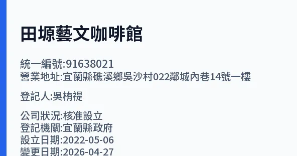 田塬藝文咖啡館的照片-統編 91638021(宜蘭縣) 公司登記資料與營業項目詳細圖表