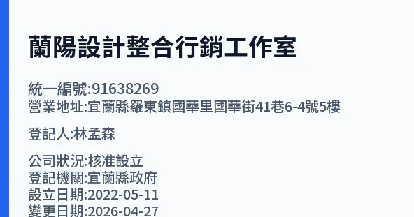 蘭陽設計整合行銷工作室的照片-統編 91638269(宜蘭縣) 公司登記資料與營業項目詳細圖表