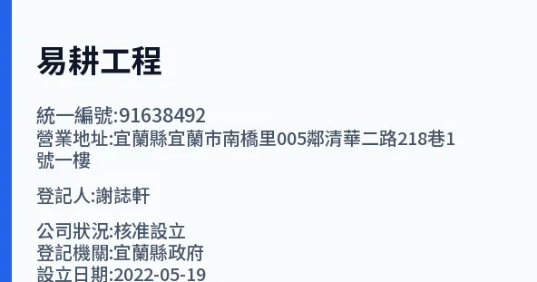 易耕工程的照片-統編 91638492(宜蘭縣) 公司登記資料與營業項目詳細圖表