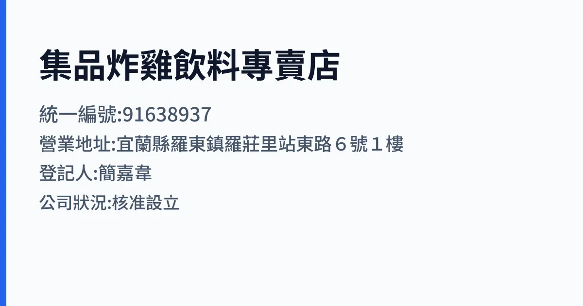 集品炸雞飲料專賣店 - 統編 91638937(宜蘭縣) 公司登記資料與營業項目詳細圖表