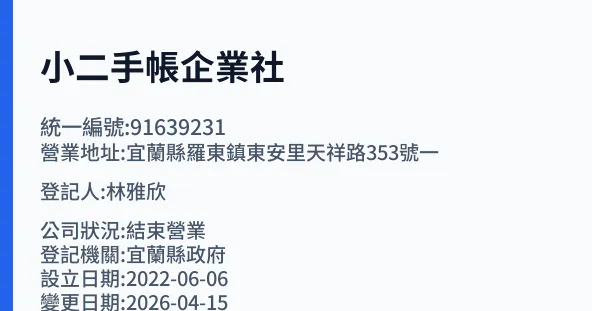 小二手帳企業社的照片-統編 91639231(宜蘭縣) 公司登記資料與營業項目詳細圖表