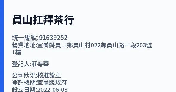員山扛拜茶行的照片-統編 91639252(宜蘭縣) 公司登記資料與營業項目詳細圖表