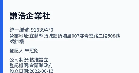 謙浩企業社的照片-統編 91639470(宜蘭縣) 公司登記資料與營業項目詳細圖表