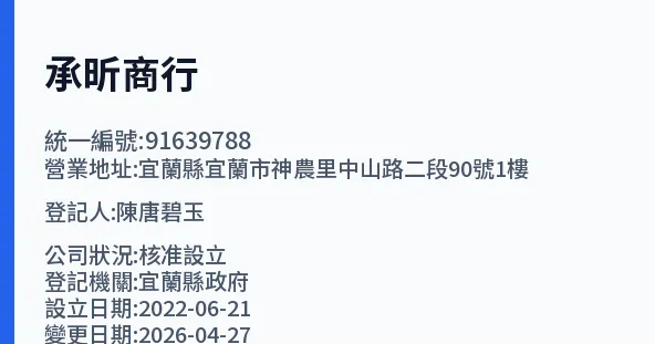 承昕商行的照片-統編 91639788(宜蘭縣) 公司登記資料與營業項目詳細圖表