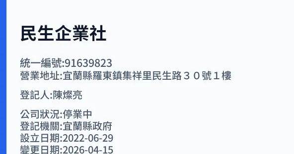 民生企業社的照片-統編 91639823(宜蘭縣) 公司登記資料與營業項目詳細圖表