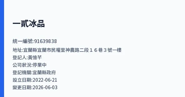 一貳冰品的照片-統編 91639838(宜蘭縣) 公司登記資料與營業項目詳細圖表