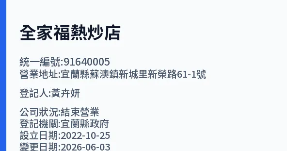 全家福熱炒店的照片-統編 91640005(宜蘭縣) 公司登記資料與營業項目詳細圖表