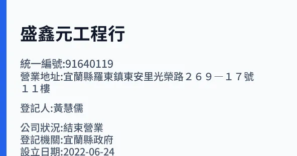 盛鑫元工程行的照片-統編 91640119(宜蘭縣) 公司登記資料與營業項目詳細圖表