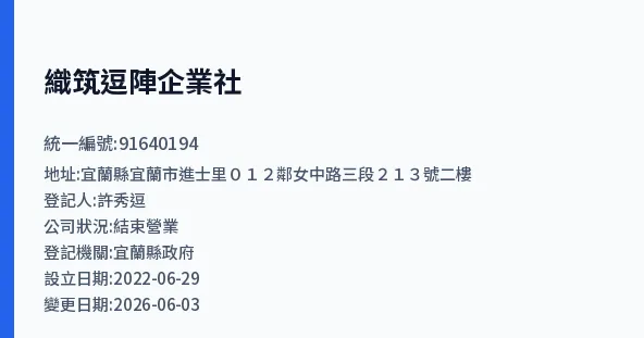 織筑逗陣企業社的照片-統編 91640194(宜蘭縣) 公司登記資料與營業項目詳細圖表
