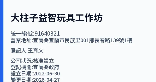 大柱子益智玩具工作坊的照片-統編 91640321(宜蘭縣) 公司登記資料與營業項目詳細圖表