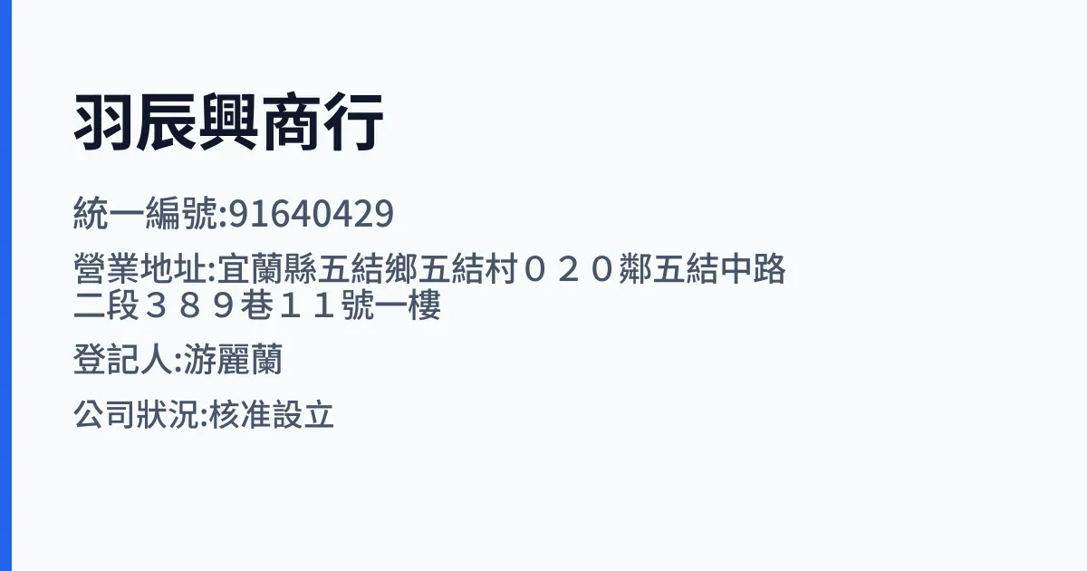 羽辰興商行 - 統編 91640429(宜蘭縣) 公司登記資料與營業項目詳細圖表